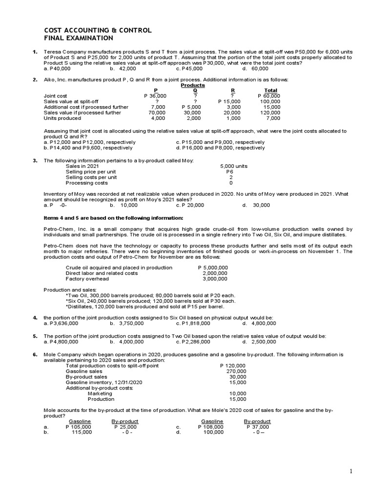Cost Accounting Control Final Examination Pdf Cost Of Goods Sold