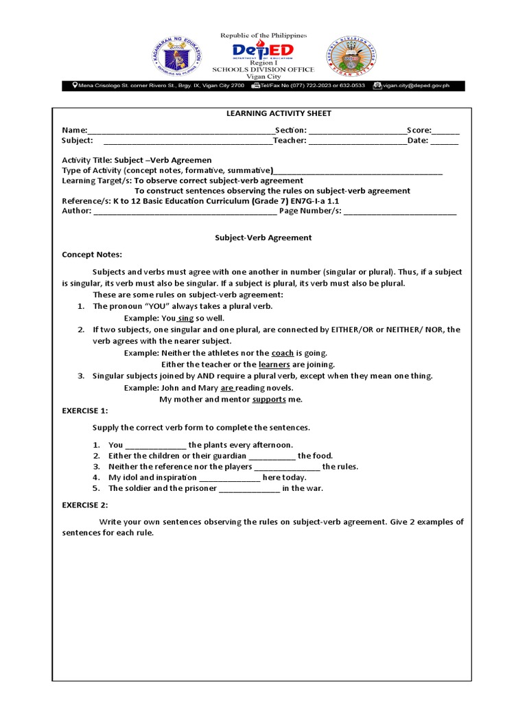 Sample LAS | PDF | Subject (Grammar) | Grammatical Number