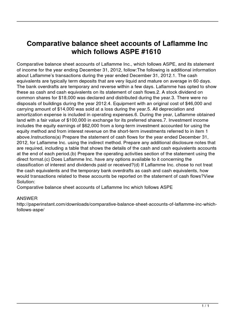 Comparative Balance Sheet Accounts of Laflamme Inc Which Follows Aspe ...