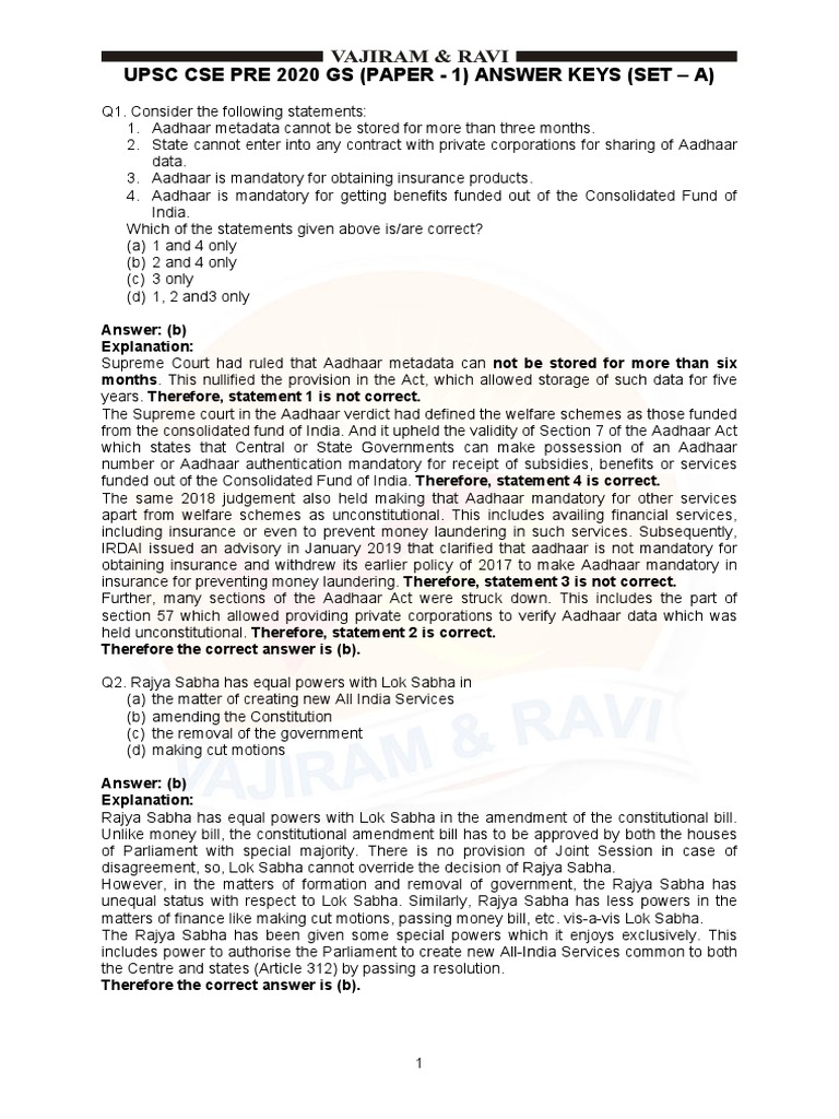 Upsc Cse Pre 2020 Gs (Paper - 1) Answer Keys (Set - A) | PDF ...