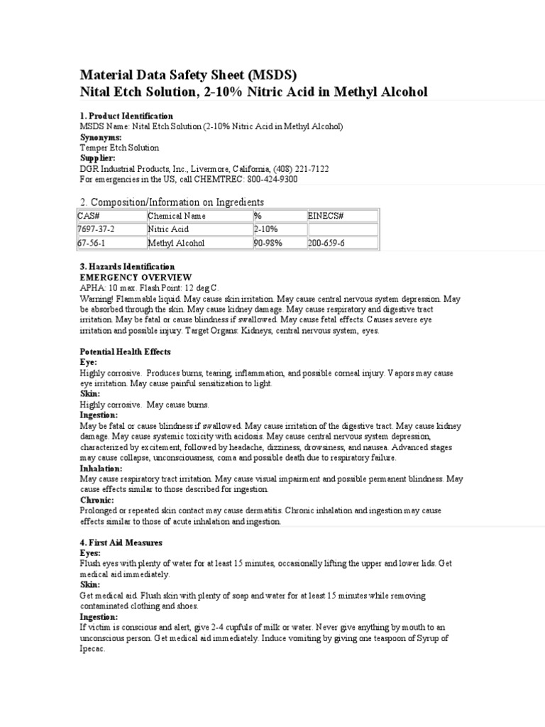 MSDS, Nitric-Methanol Nital Etch Solution | PDF | Methanol | Breathing