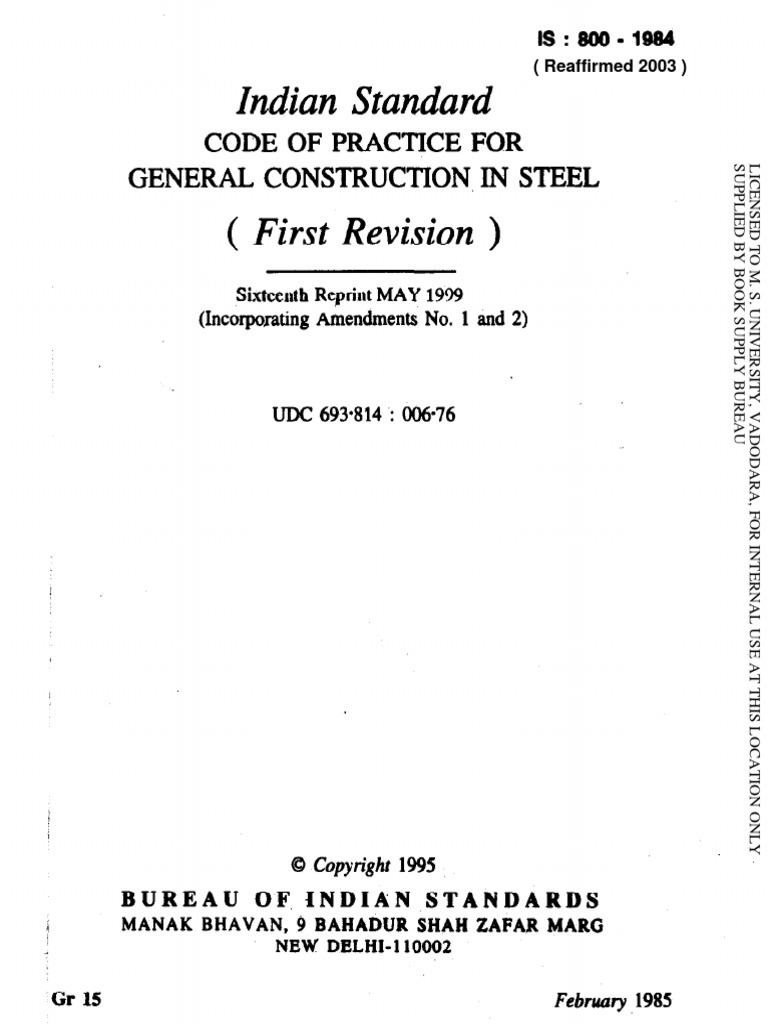 Indian Standard: Code of Practice For General Construction, in Steel ...