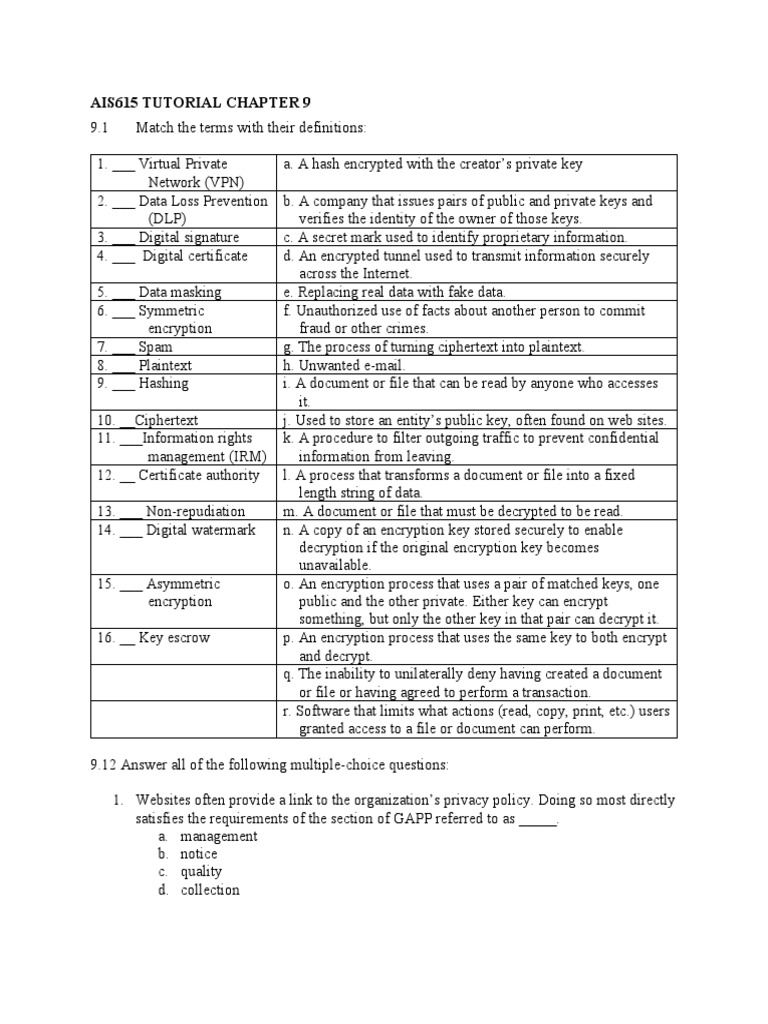 Ais615 Tutorial Chapter 9 Q | PDF | Public Key Cryptography | Cryptography