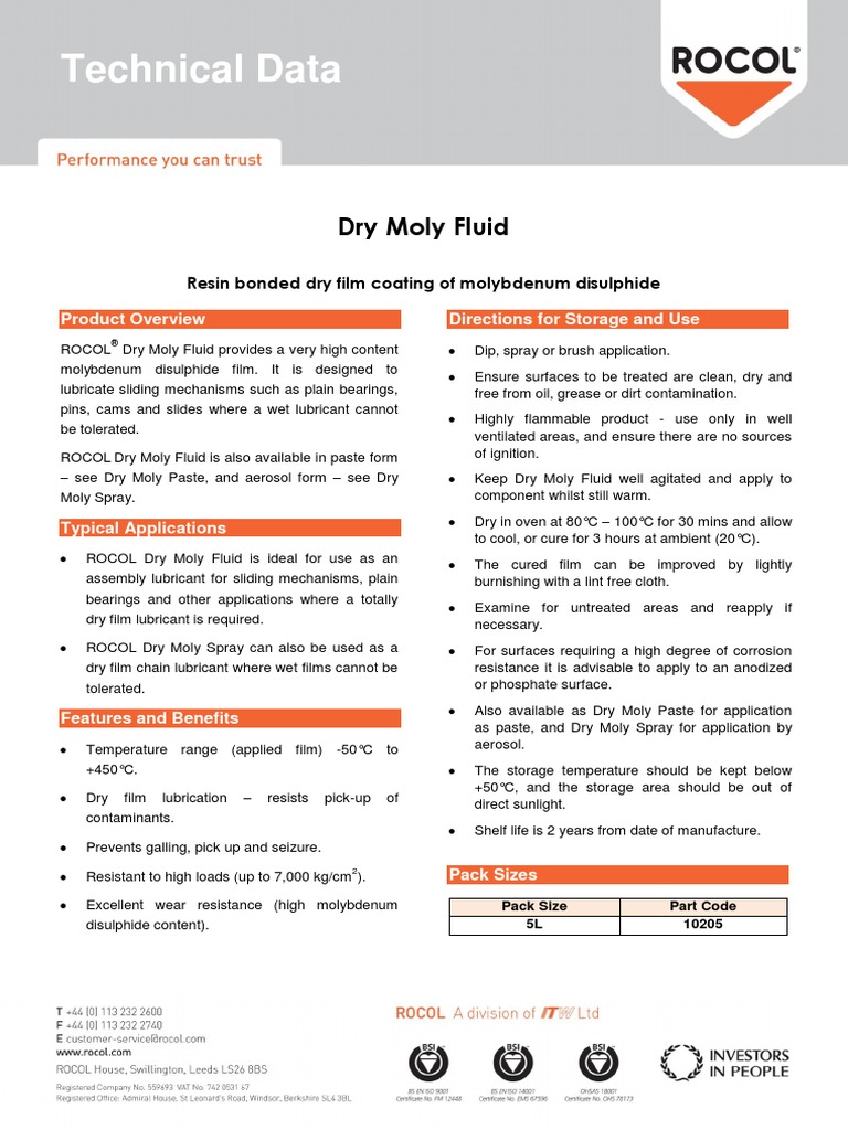 Rocol Dry Moly Spray | PDF | Lubricant | Toxicity