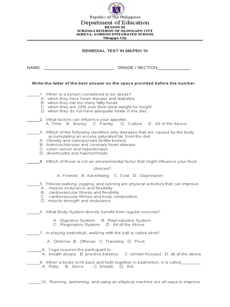 Remedial Test in Mapeh 10 | PDF | Obesity | Geriatrics