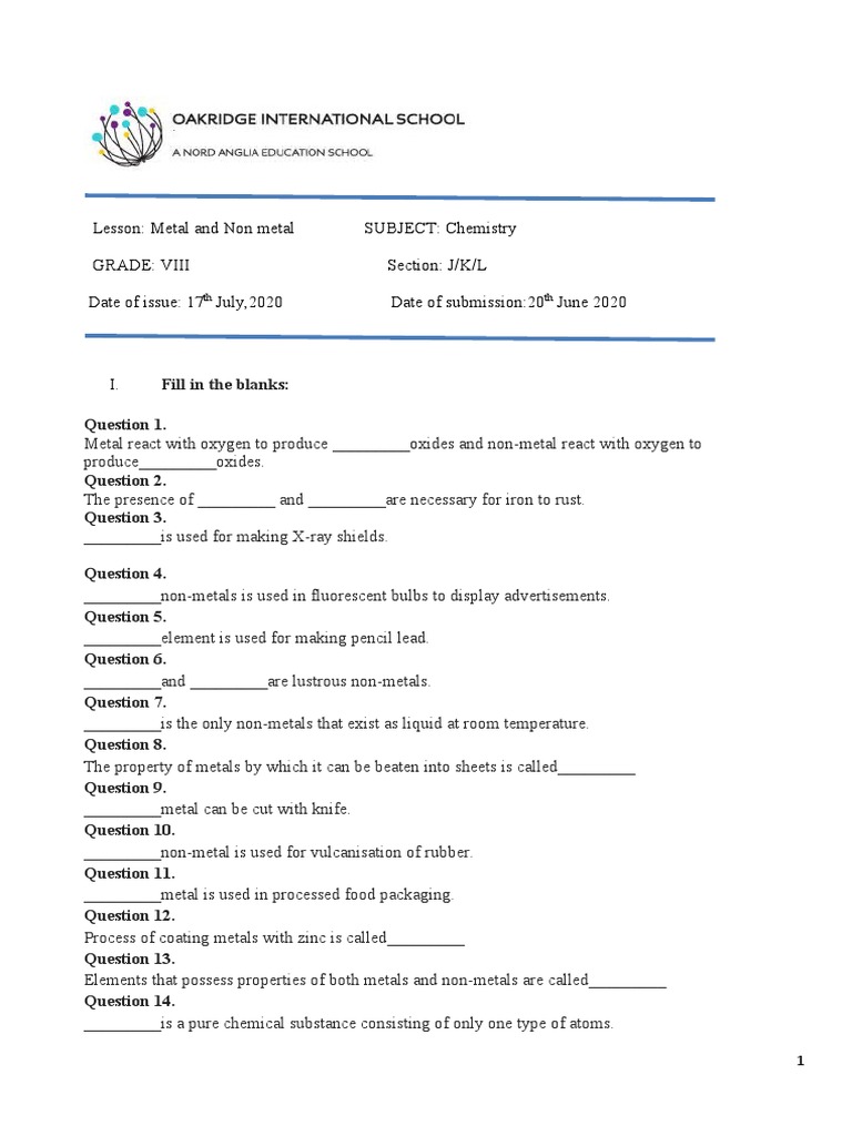 Chemistry - Weekend Task-Grade 8 | PDF | Metals | Oxide