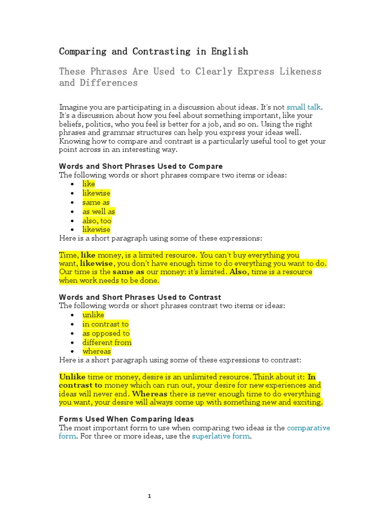 Comparing and Contrasting in English | PDF | Idea | Phrase