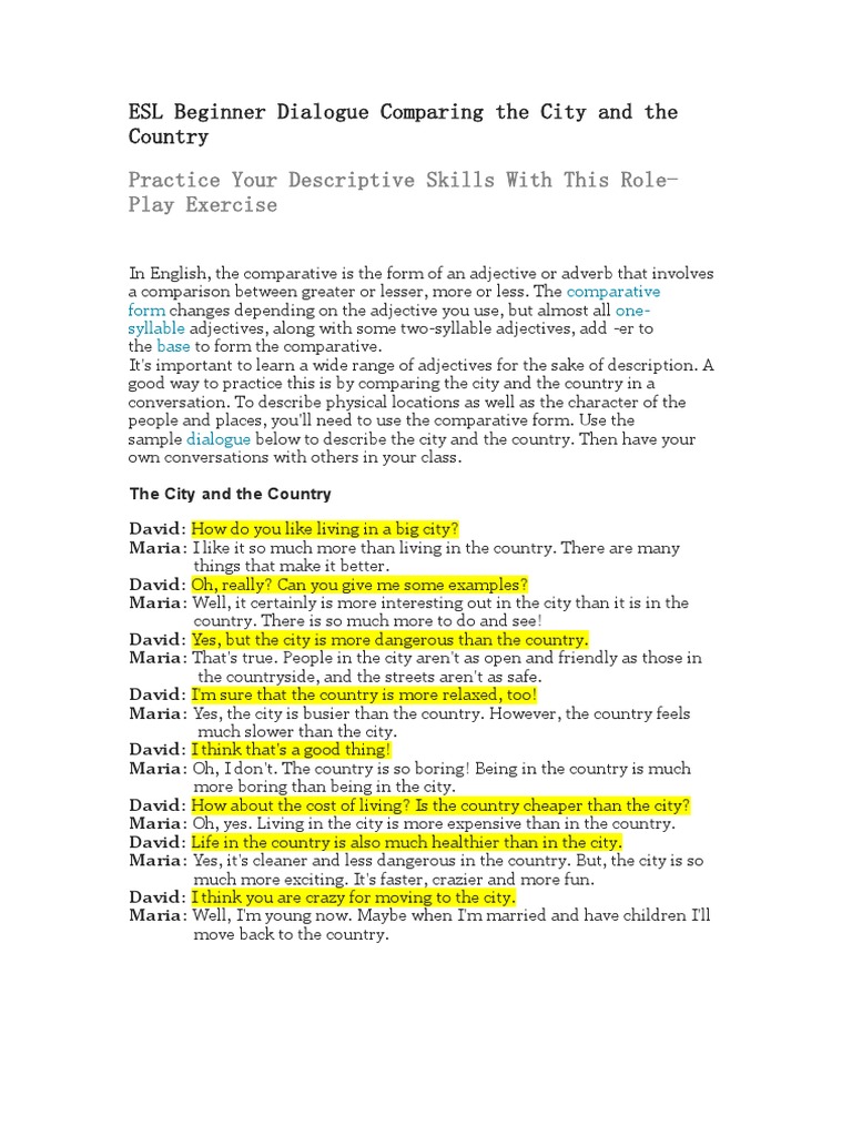 ESL Beginner Dialogue Comparing The City and The C | PDF