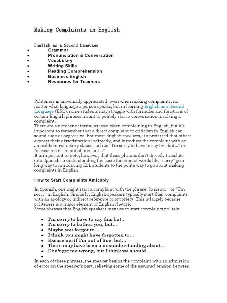 Making Complaints in English | PDF | English Language | English As A ...
