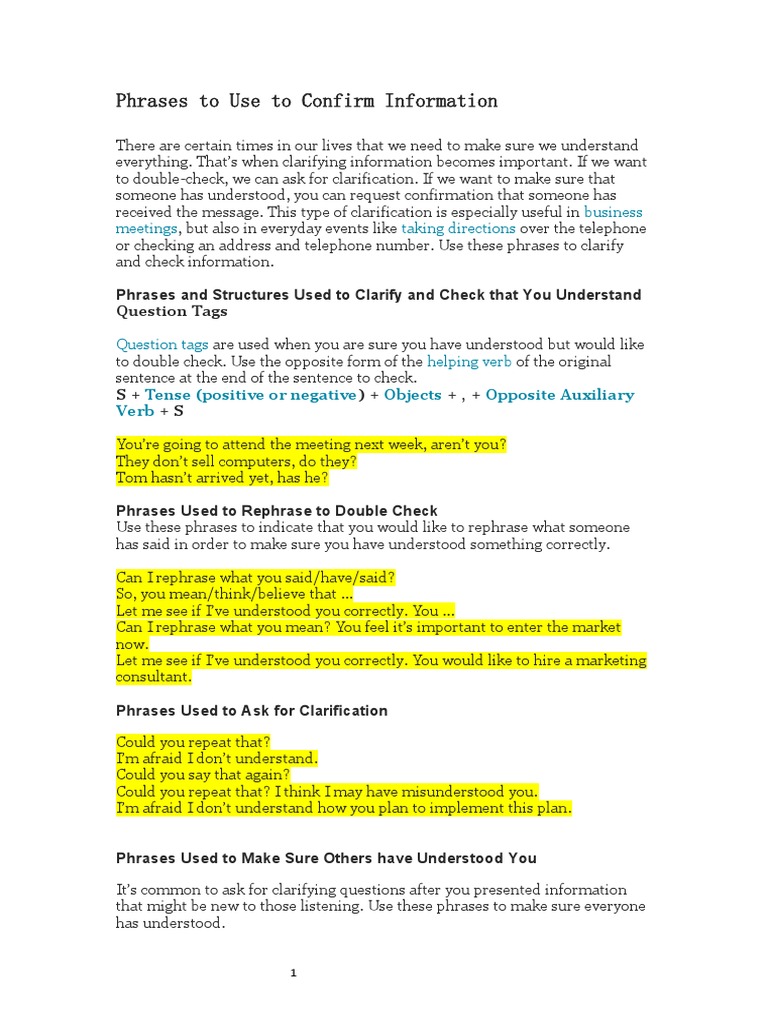 Phrases To Use To Confirm Information | PDF | Question | Phrase