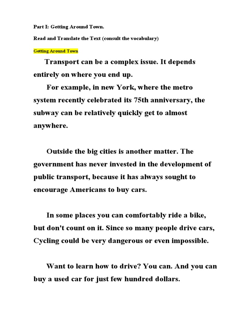 Part I: Getting Around Town. Read and Translate The Text (Consult The ...