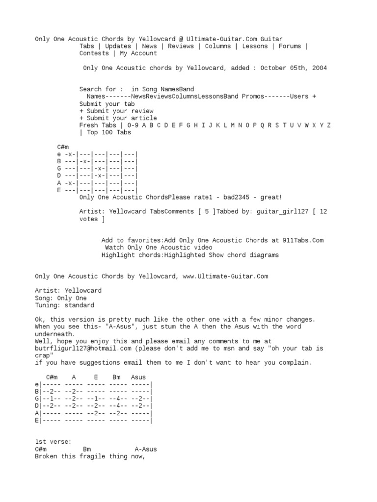 Only One Acoustic Chords by Yellowcard at Ultimate-Guitar - Com | PDF ...