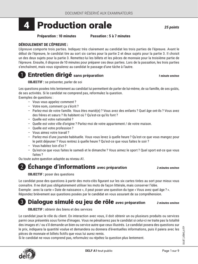Épreuve Orale DELF A1 : Guide Examinateurs | PDF | Business