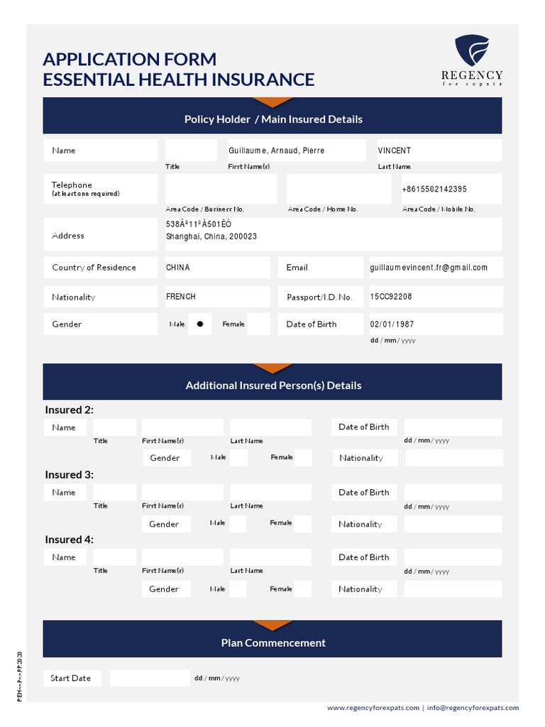 Regency For Expats - Essential Health - Application Form | PDF ...