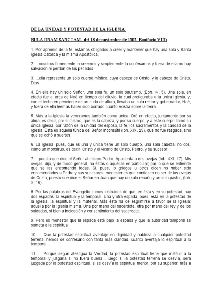 BONIFACIO VIII - Bula Unam Sanctam | PDF | Iglesia Católica | Sacerdote