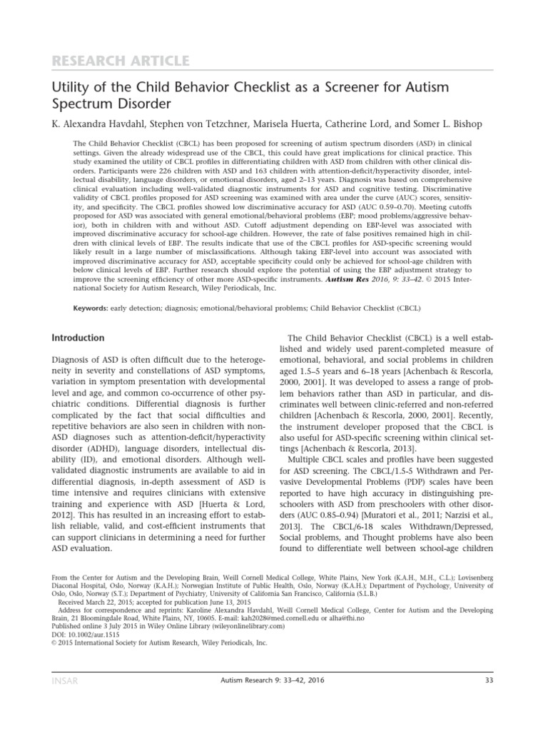 Utility of The Child Behavior Checklist As A Screener For Autism ...