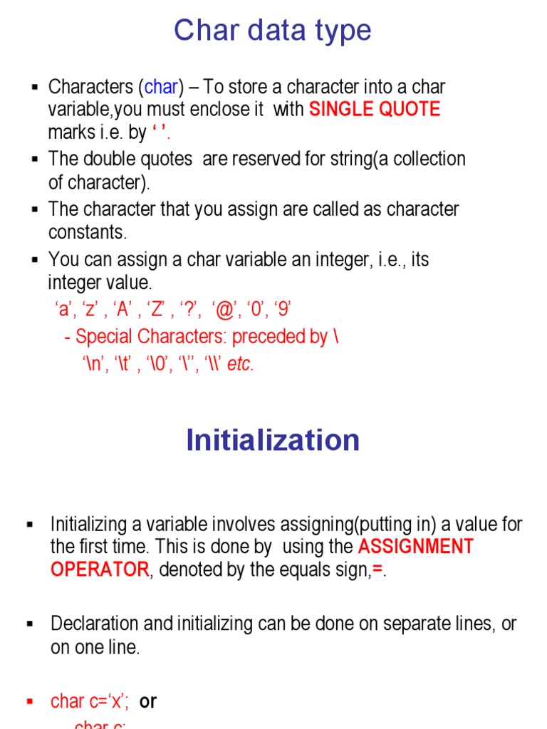 Char Data Type: Single Quote ' | PDF | Teaching Methods & Materials