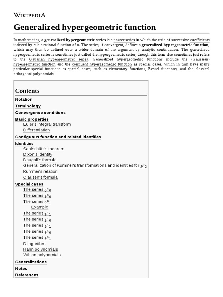 Generalized Hypergeometric Function Pdf Series Mathematics Complex Analysis