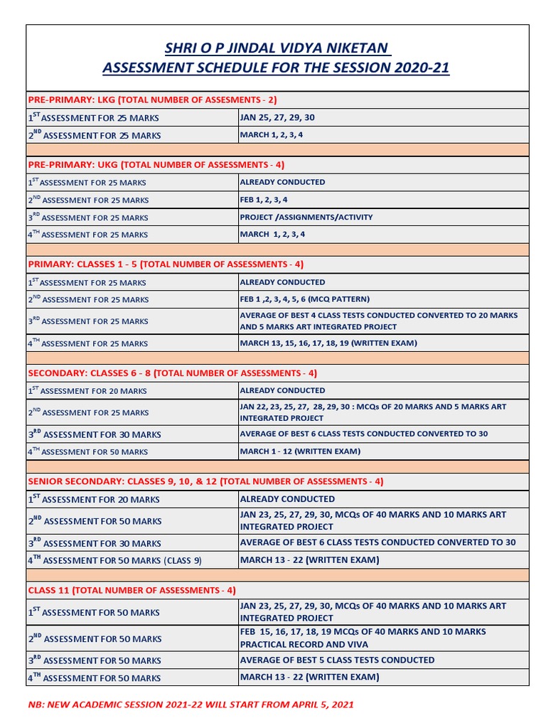 Assessment Schedule For The Session 2020-21 | PDF | Educational Stages ...