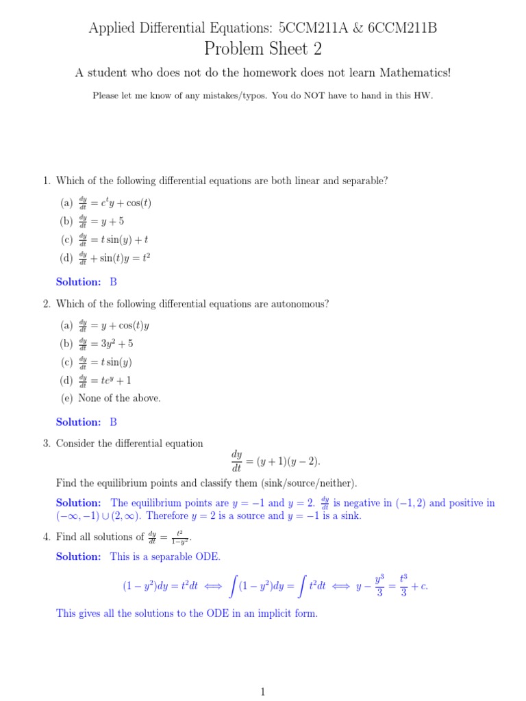 DIFFERENTIAL EQUATIONS PROBLEM SHEET | PDF | Ordinary Differential ...
