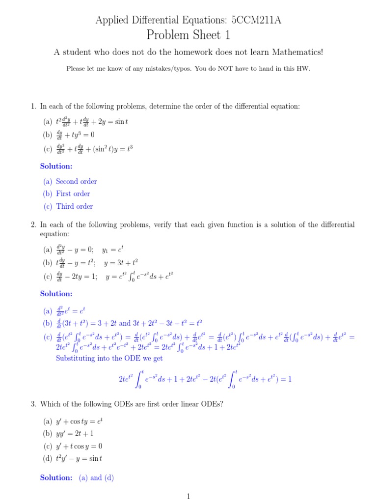 Problem Sheet 1: Applied Differential Equations: 5CCM211A | Download ...