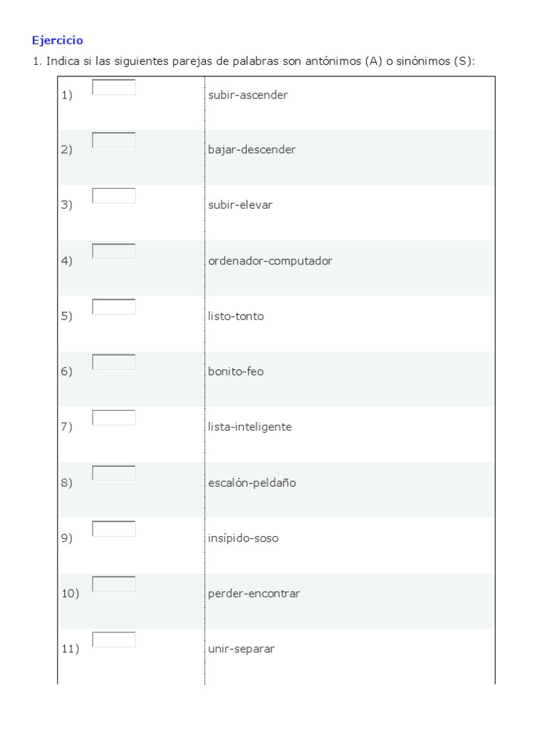 Ejercicios de Sinónimos y Antónimos | PDF | Unidades Semánticas ...