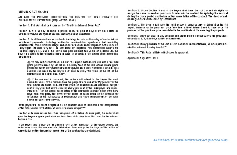 Ra 6552 Realty Installment Buyer Act (Maceda Law) | PDF | Payments ...