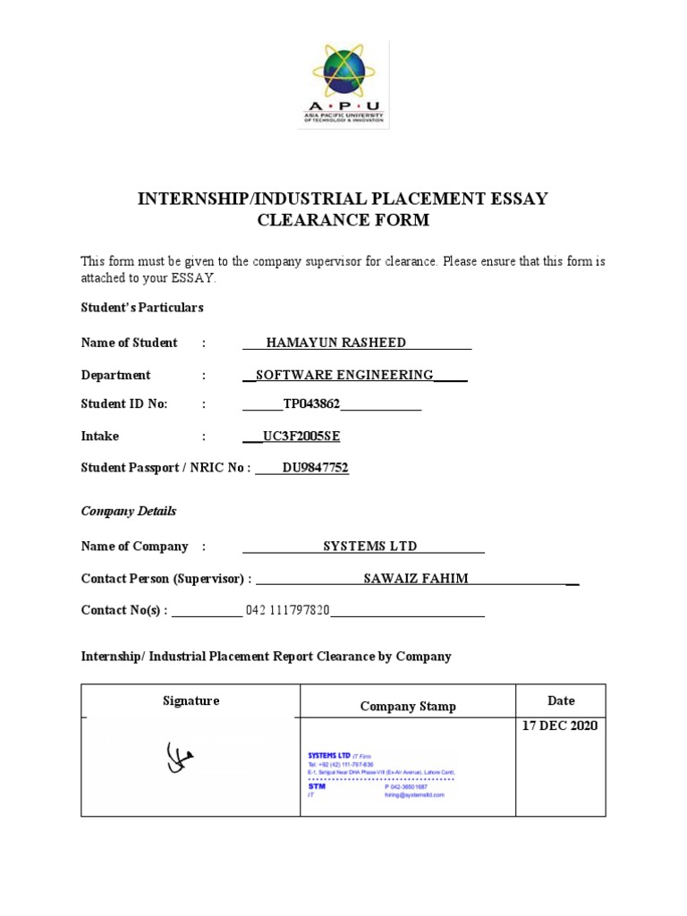 Internship/Industrial Placement Essay Clearance Form | PDF