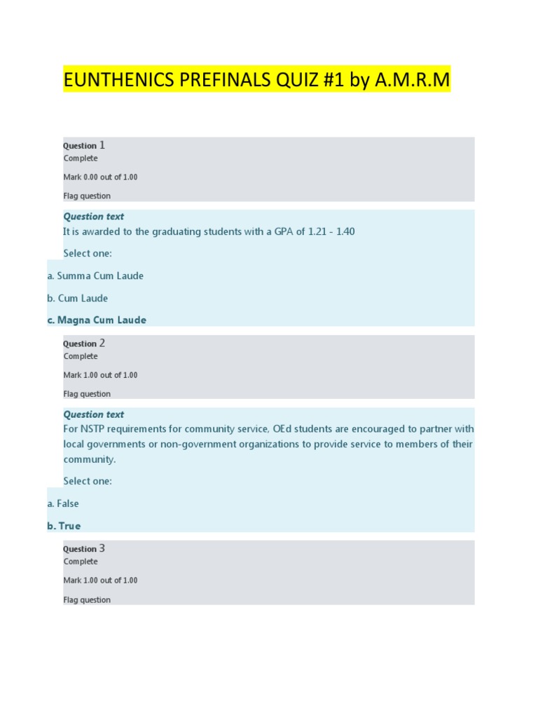 Euthenics Prefinals Quiz #1 | PDF