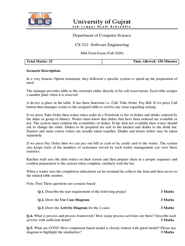CS-321 Software Engineering Mid-Term Exam | PDF | Waiting Staff ...