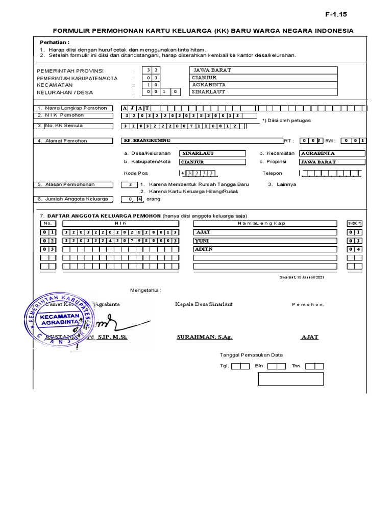 F-1 15 Formulir Permohonan Kartu Keluarga (KK) Baru Warga Negara ... F-1 15 Formulir Permohonan Kartu Keluarga (KK) Baru Warga Negara ...