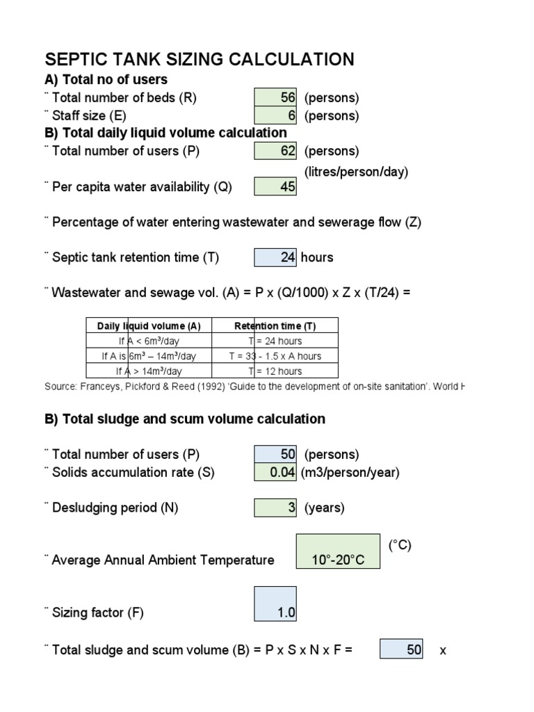 Septic Tank Sizing Calculation: A) Total No of Users | PDF | Sewage ...