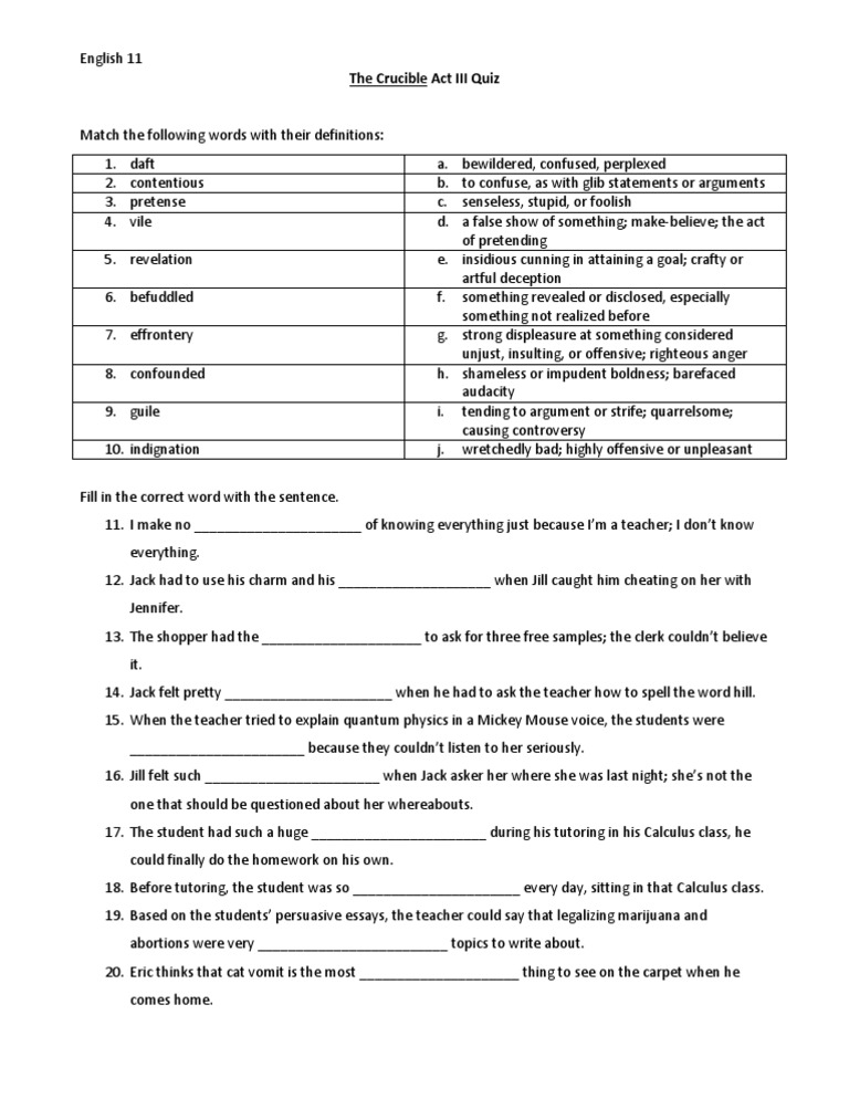 Act III Vocabulary Quiz for The Crucible | PDF