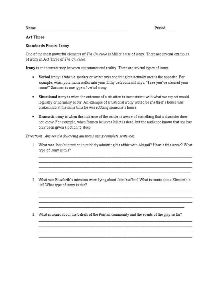The Crucible Act Three Standards Focus IRONY | PDF | Irony