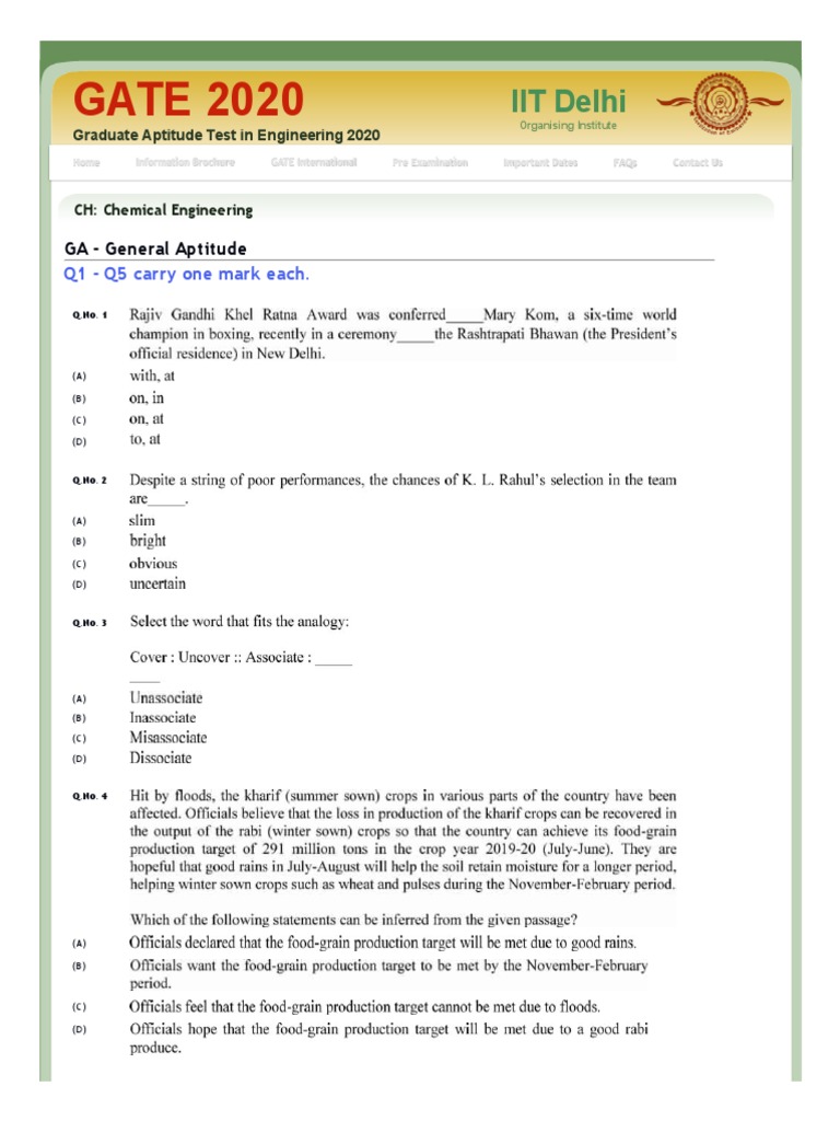 GATE CH Question Paper 2020 PDF | PDF