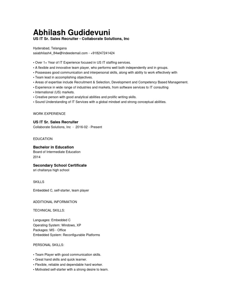 Abhilash Gudidevuni: US IT Sr. Sales Recruiter - Collaborate Solutions, Inc | PDF | Career ...