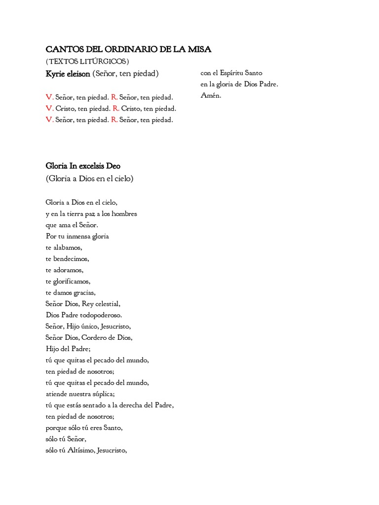 Cantos Del Ordinario de La Misa (Textos Liturgicos) | PDF | Cordero de ...