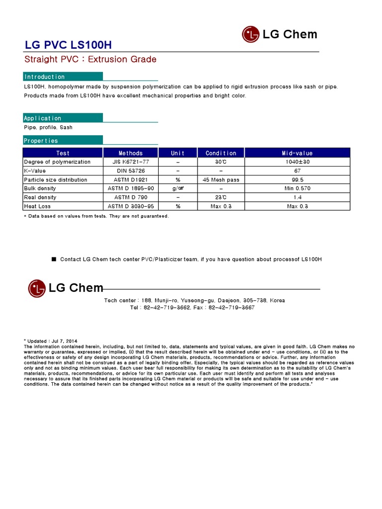 LG Chem: LG PVC Ls100H | PDF | Polyvinyl Chloride | Pipe (Fluid Conveyance)