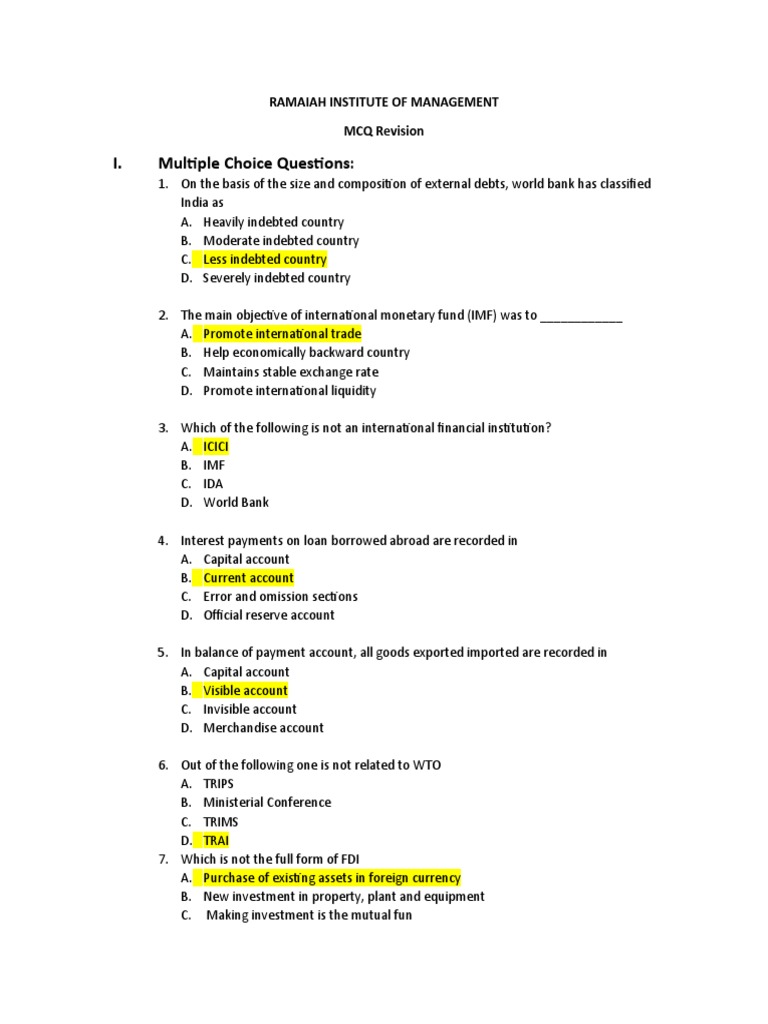 I. Multiple Choice Questions:: Ramaiah Institute of Management MCQ ...