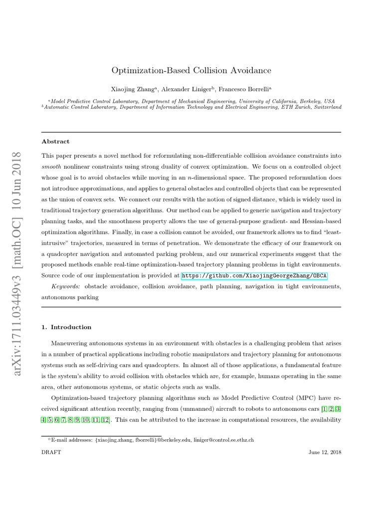 Optimization-Based Collision Avoidance Reformulation | PDF | Mathematical Optimization | Space