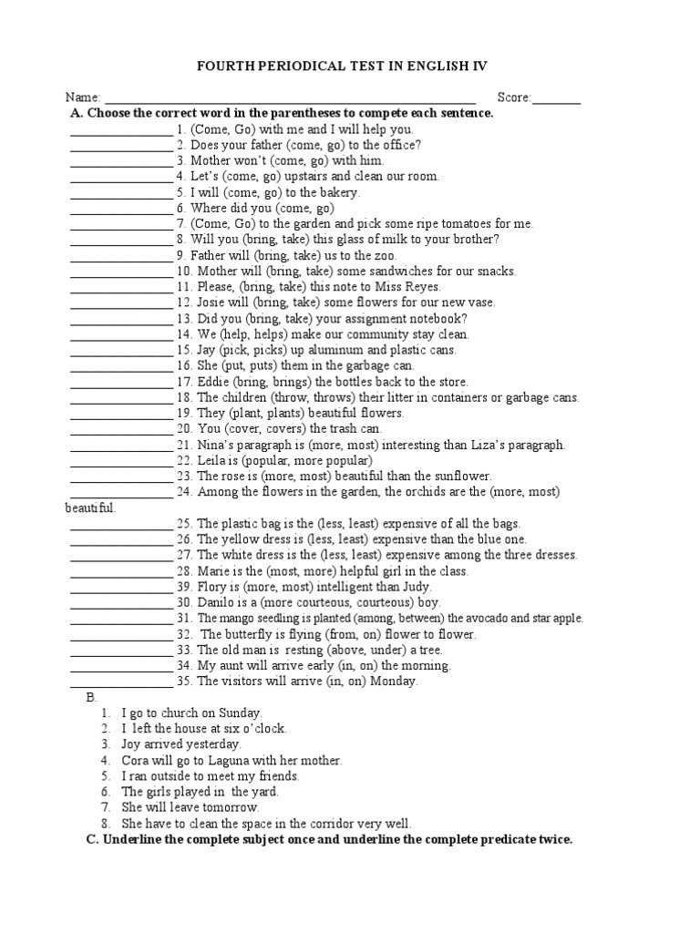 4th Periodical Test For Grade 4
