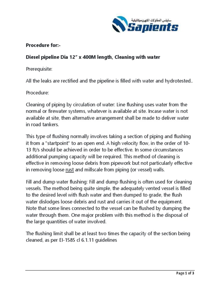 Diesel Pipeline Flushing and Purging | PDF | Pipeline Transport | Pump