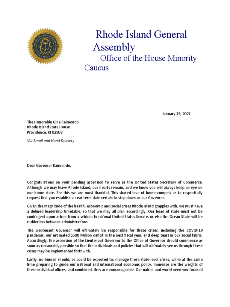RI House GOP Letter To Gov Request Set Date Transfer of Power 1-19-21 ...