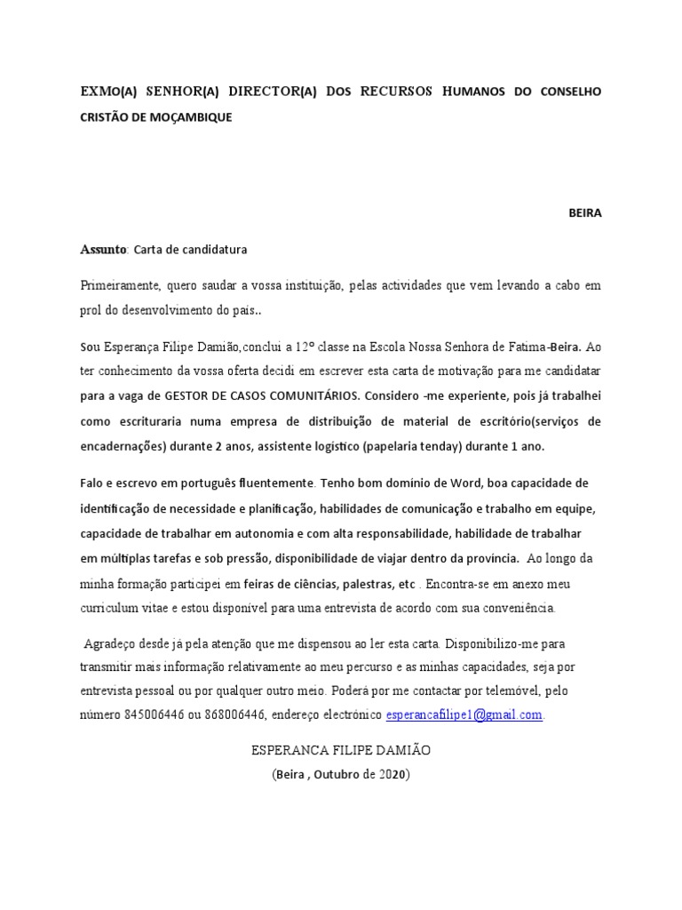 Exmo (A) Senhor (A) Director (A) Dos Recursos Humanos Do Conselho ...