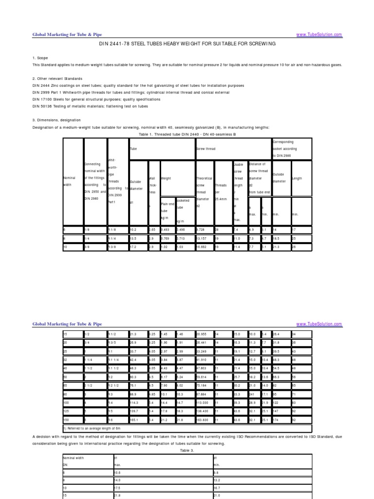Din 2441-78 Steel Tubes Heaby Weight For Suitable For Screwing | PDF ...