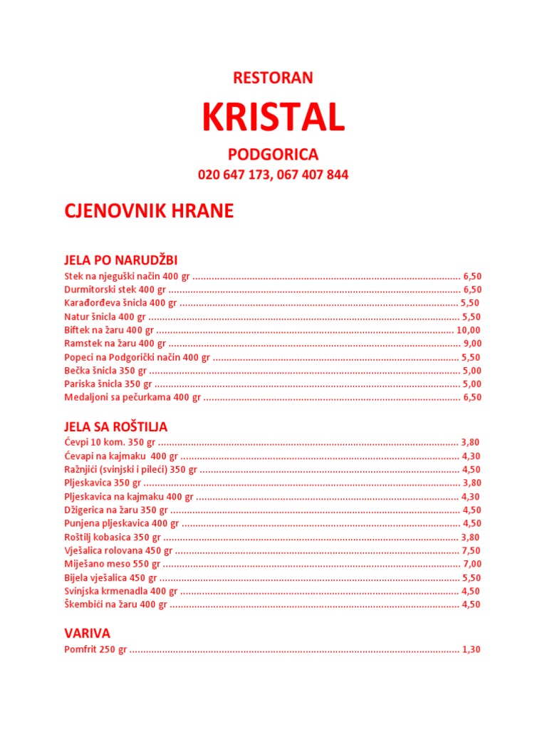 Cjenovnik Hrane | PDF