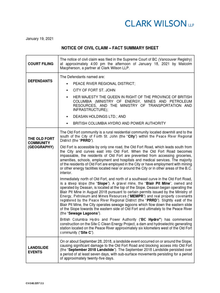 Old Fort Landslide - Litigation Fact Sheet | PDF | Duty Of Care ...