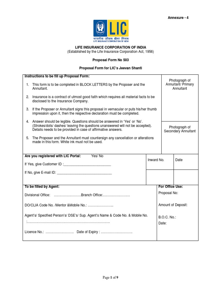 Proposal Form For LIC's Jeevan Shanti | PDF | Annuity (European) | Life ...