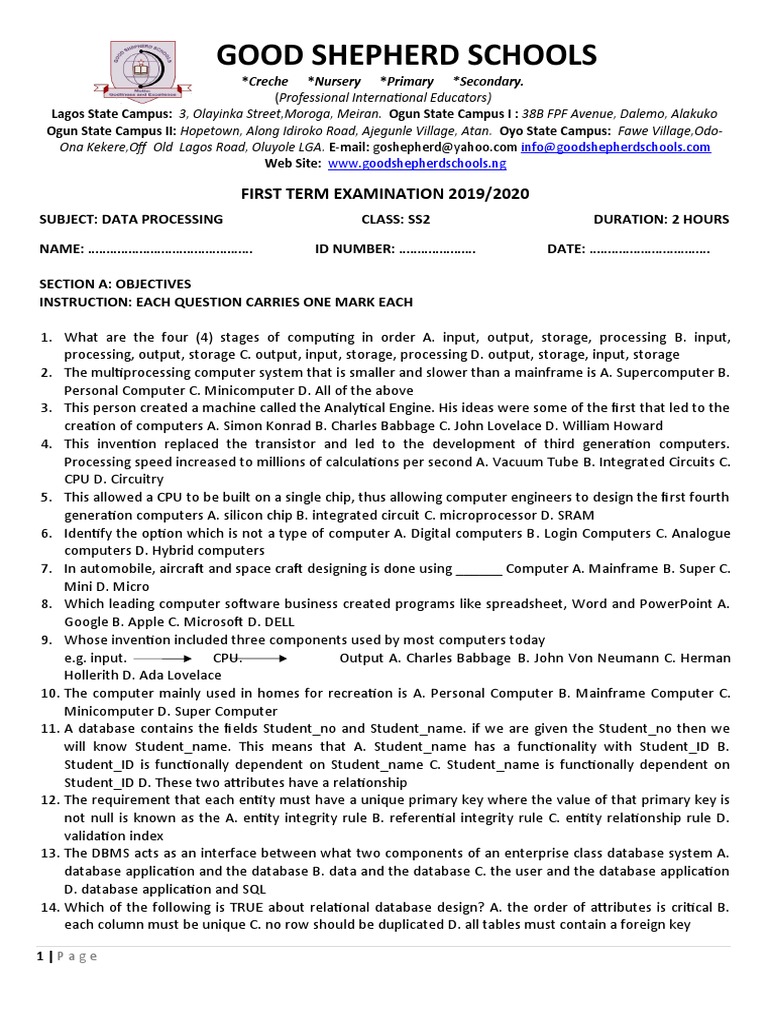 SS2 Data Processing Examination | PDF | Databases | Relational Database