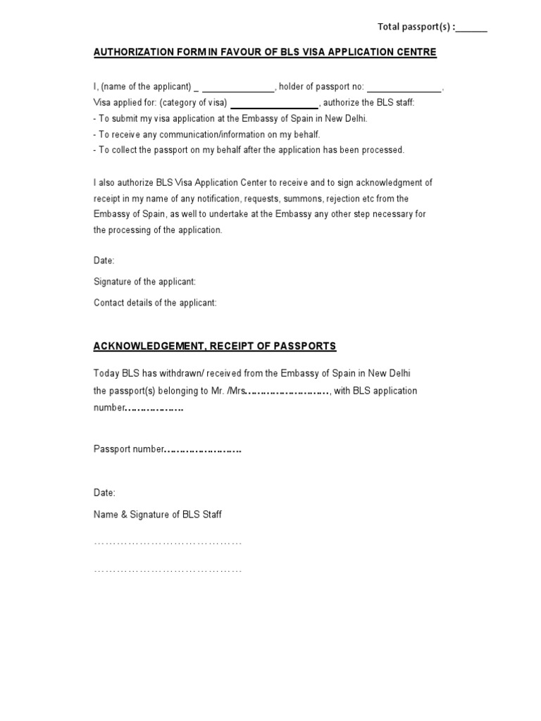 BLS Visa Application Authorization Form | PDF | Travel Visa | Passport